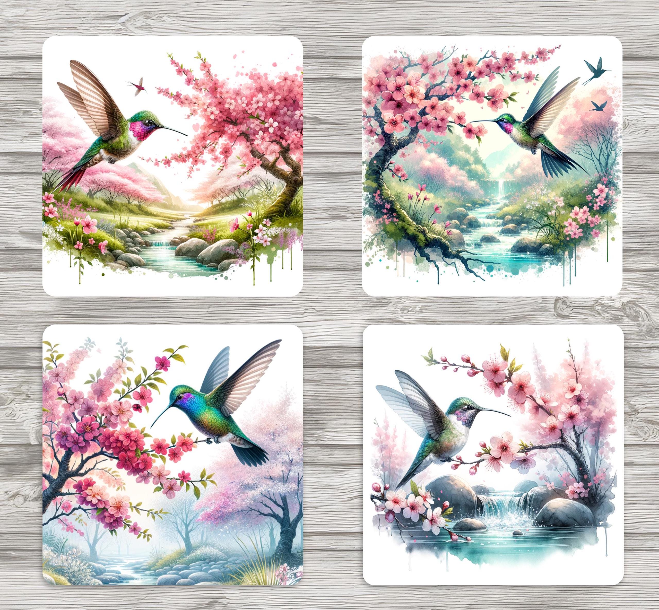 Hummingbirds and Cherry Blossom Trees Sublimation 4x4 Inch Square ...