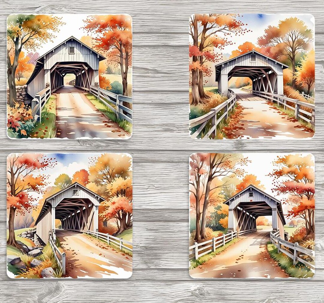 Fall Covered Bridge 4x4 Inch Square Coasters-digital Download- Jpeg ...