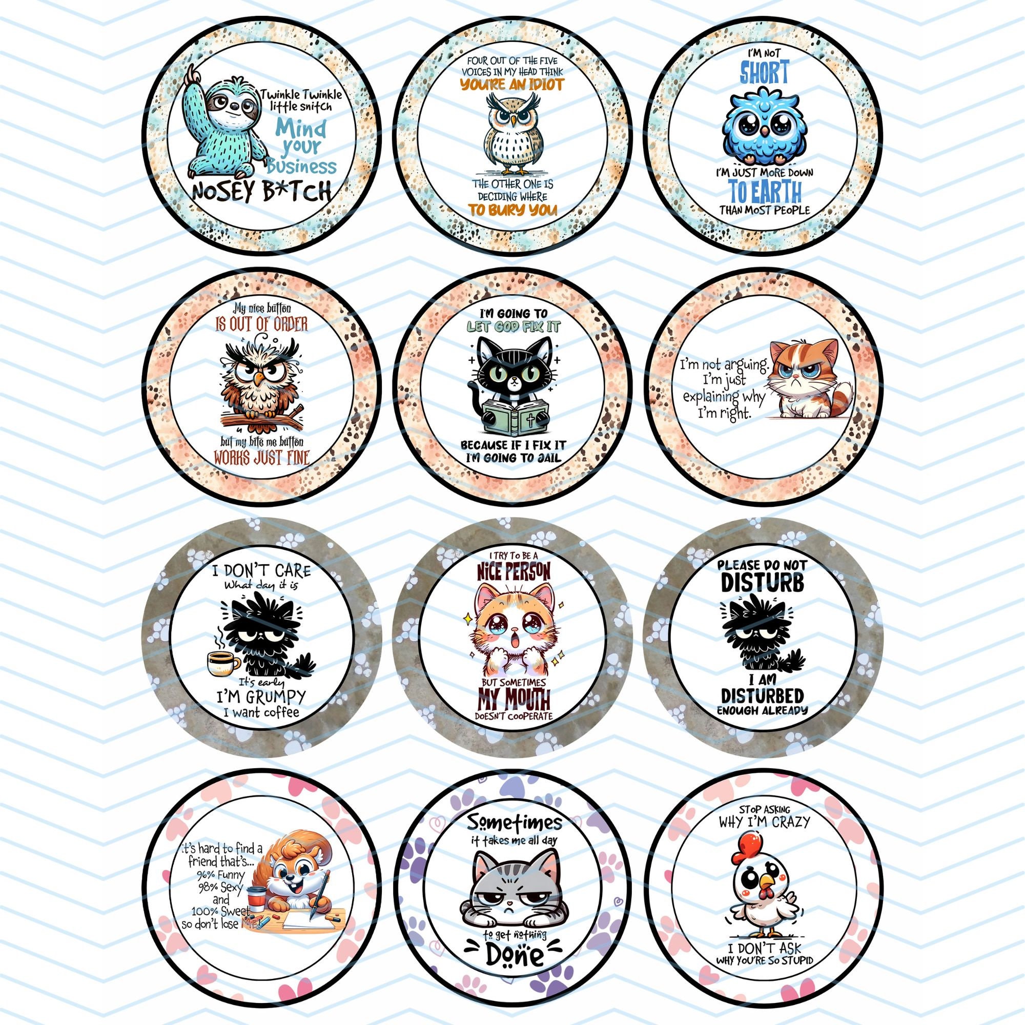 Fun Sassy Animal Joke Quotes 2.50inch Button Pin Template-8.5x11 Sheet ...