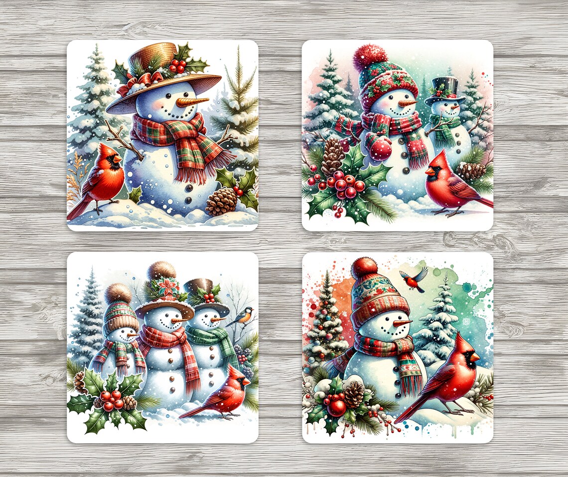 Snowman Cardinal Snowmen- 4x4 Inch Square Coasters-digital Download ...