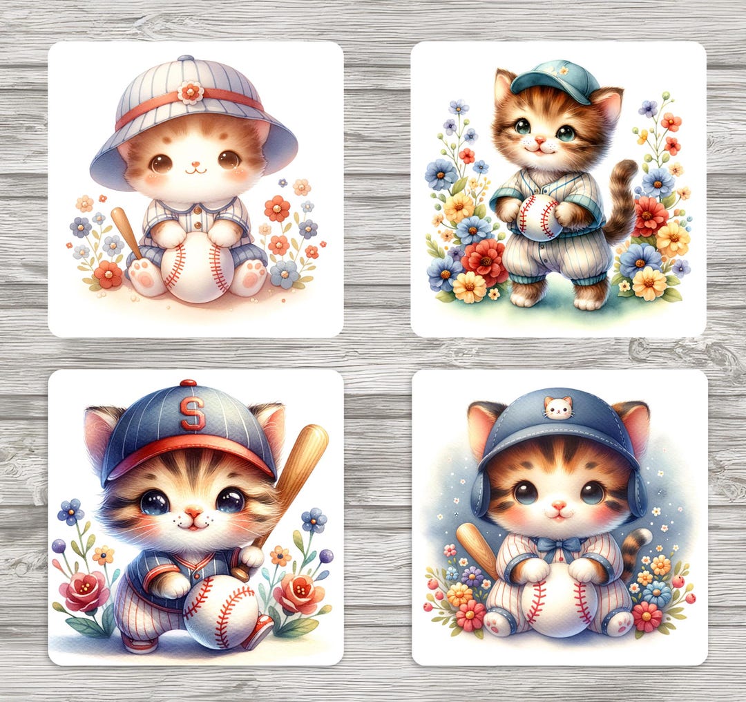 Watercolor Baby Cats Playing Baseball Sublimation 4x4 Square Coasters ...