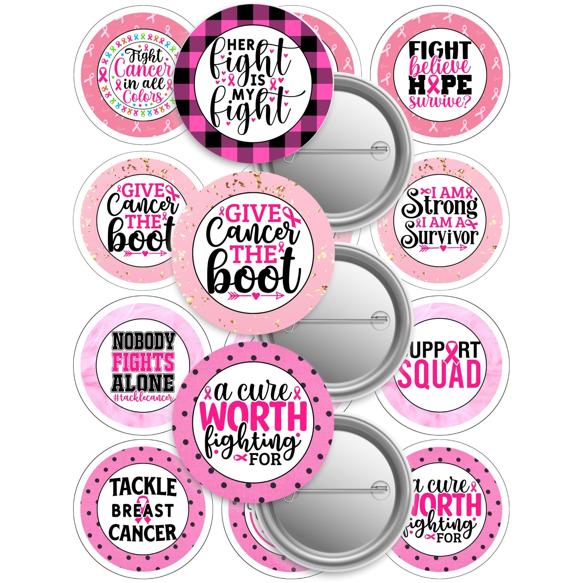 Breast Cancer Awareness Button Pin Template: 2.25" Round, 24 PNG Images ...