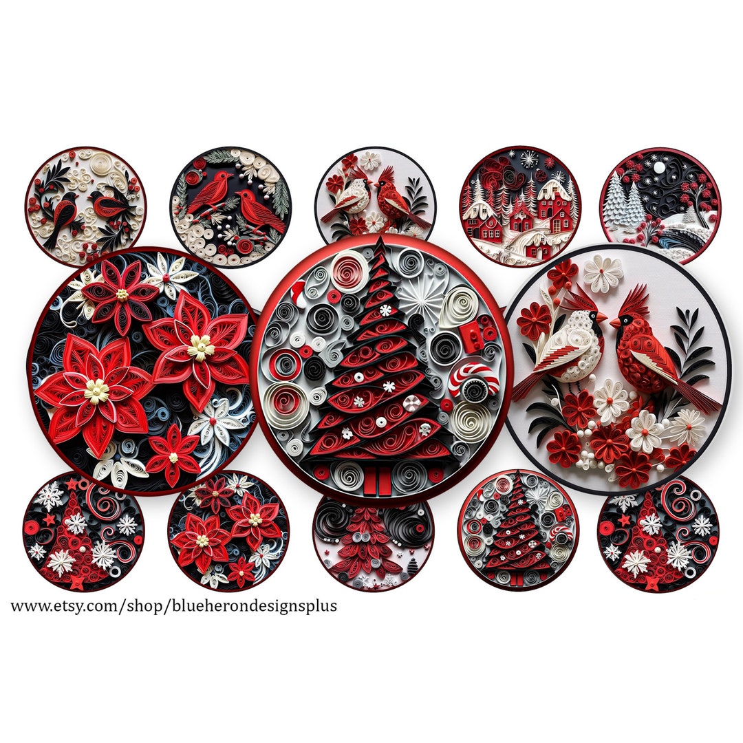 3D Quilled Red & Black Xmas,1 Inch Bottle Cap Images-buy 3 Get 1 Free ...