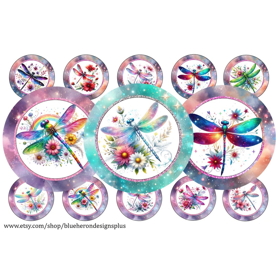 Magical Dragonflies With Flowers-1 Inch Bottle Cap Images-4x6 Sheet ...