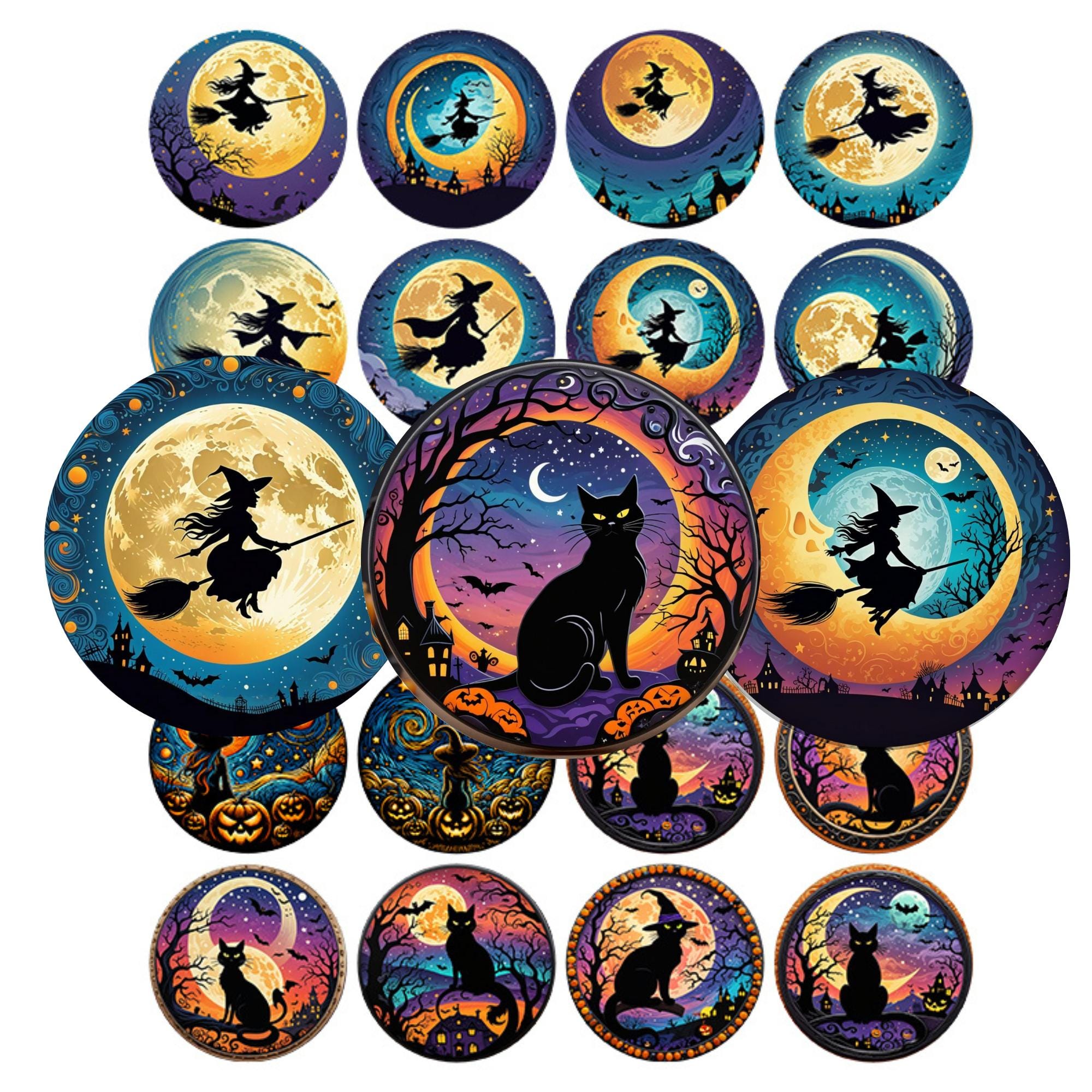 Halloween Witches & Black Cats 2 Inch Circle Images (digital JPEG/PNG ...