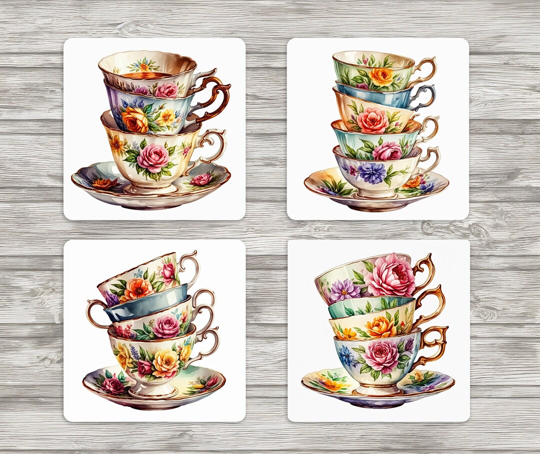 Tipsy Tea Cups- 4x4 Inch Square Coasters-digital Download- Jpeg File ...
