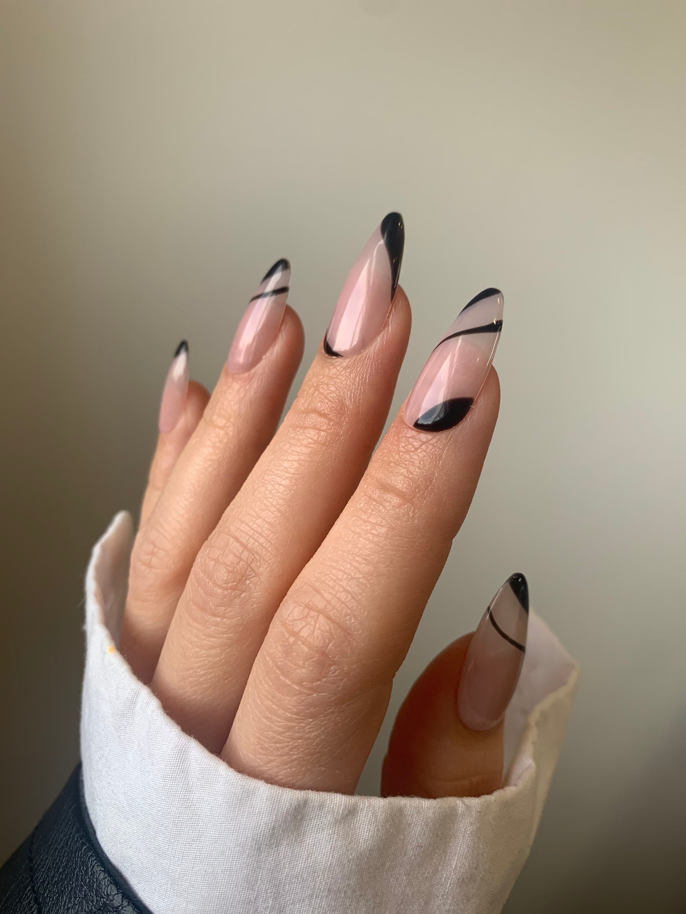 Black Abstract Swirl French Nails Salon Quality Hand Painted - Etsy
