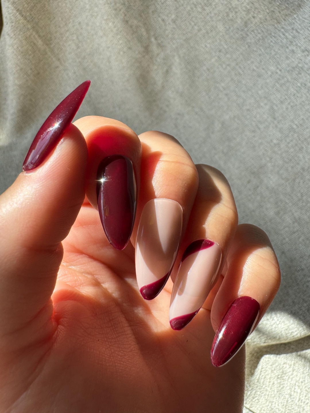 Deep Red Abstract French Detail Nails | Salon Quality Hand Painted ...