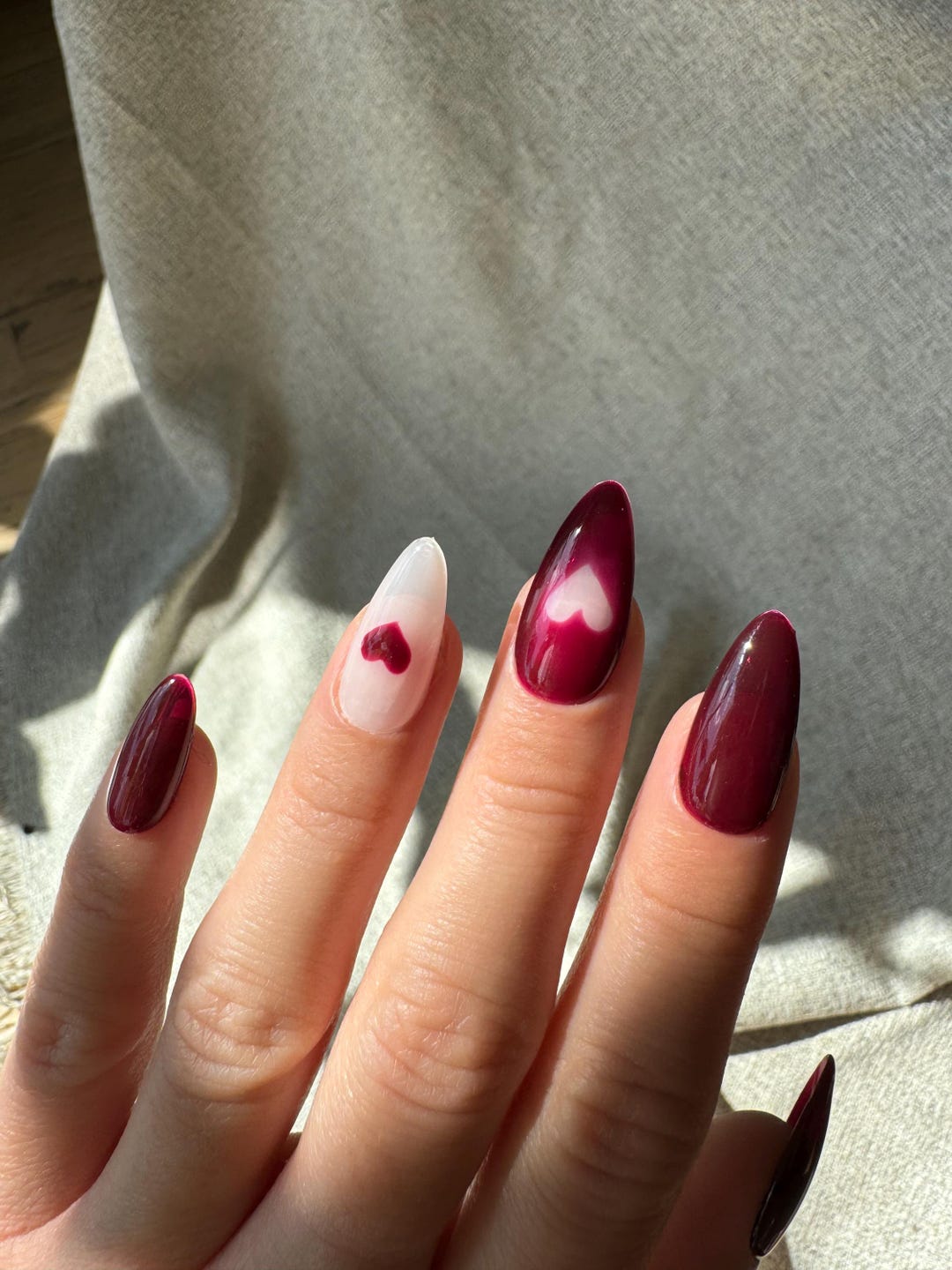 Deep Red Heart Cut Out Detail Nails | Salon Quality Hand Painted Press ...