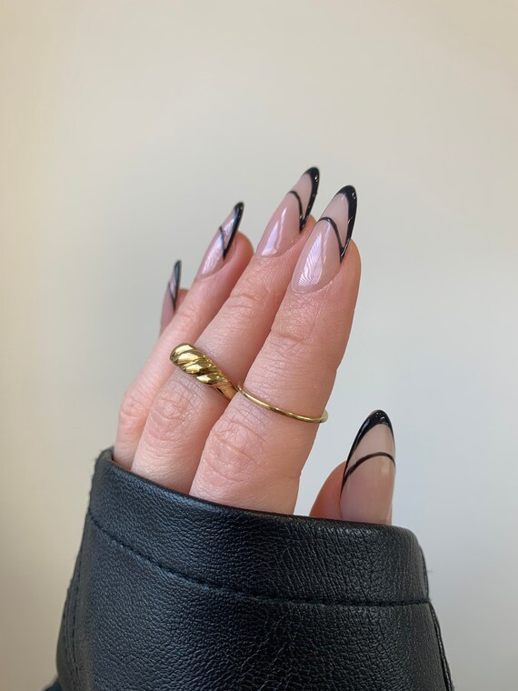 Black Minimal Negative Space French Nails Reusable Hand | Etsy