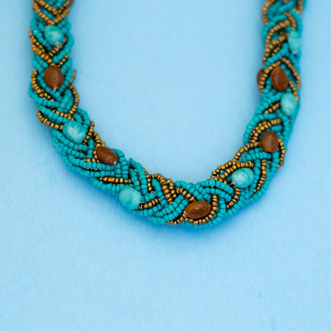20 Inch, Vintage Blue Rope Braids Stone Beads Plastic Beaded Necklace ...