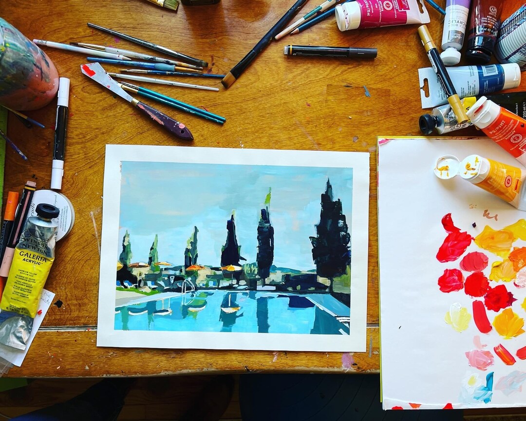 Italian Poolside Sketch Painting - Etsy