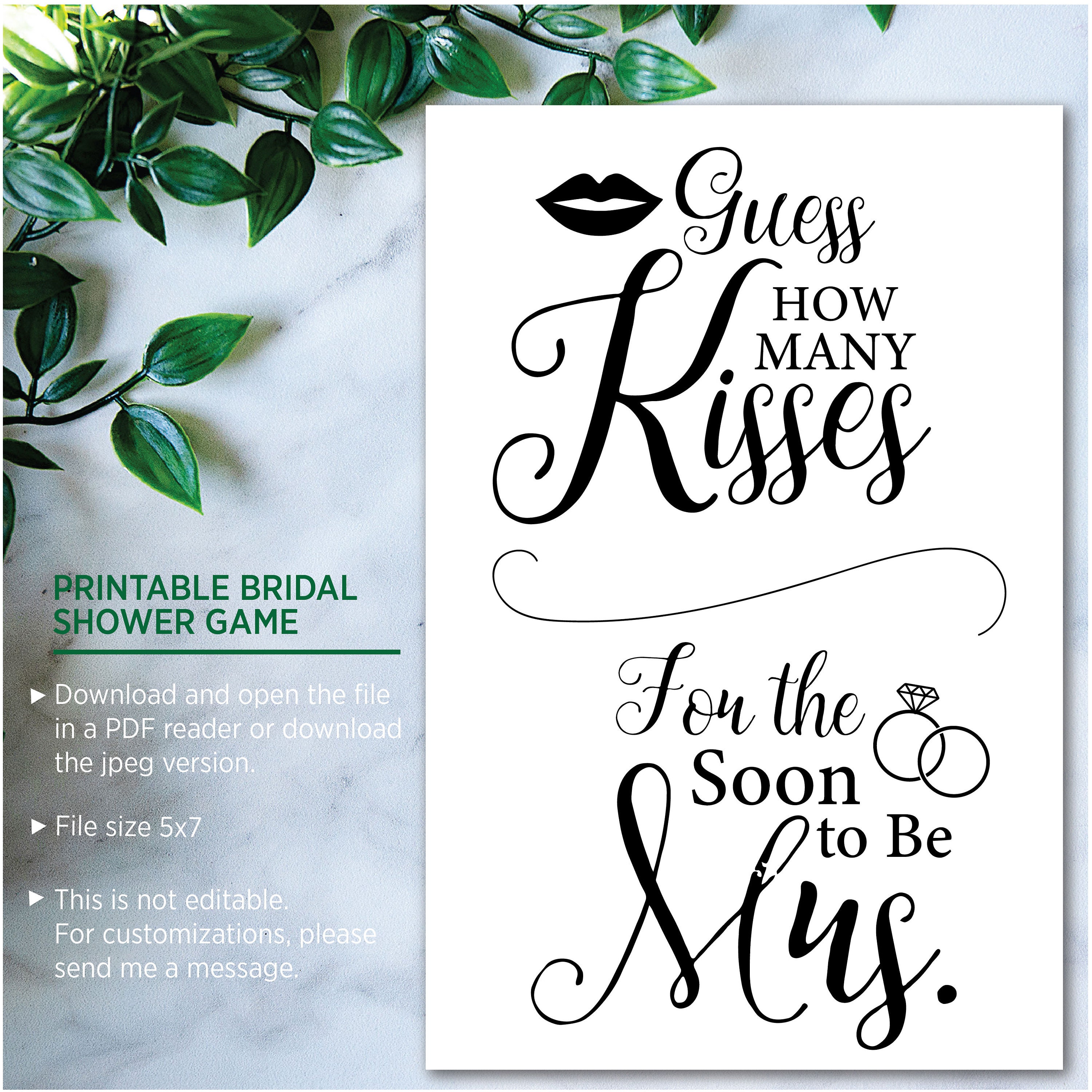 How Many Kisses, Bridal Shower Game, Guessing Wedding Shower Game ...