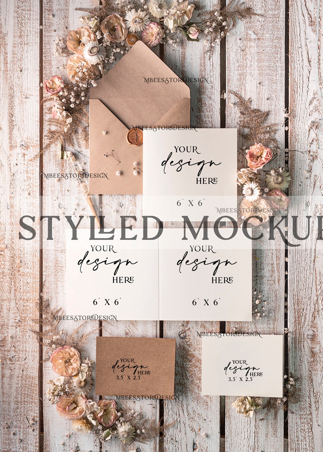 Rustic Mockup Natural Invitations, Mockup Boho Wedding Cards, Rustic ...