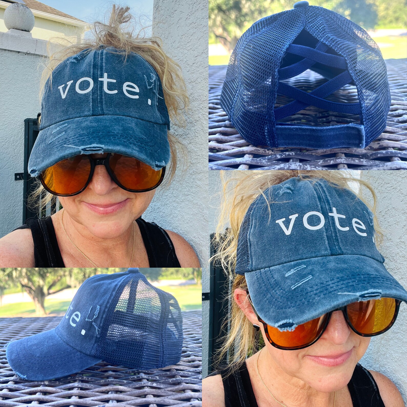 VOTE Distressed Vintage Ponytail Trucker Hat, Multiple Colors Available ...
