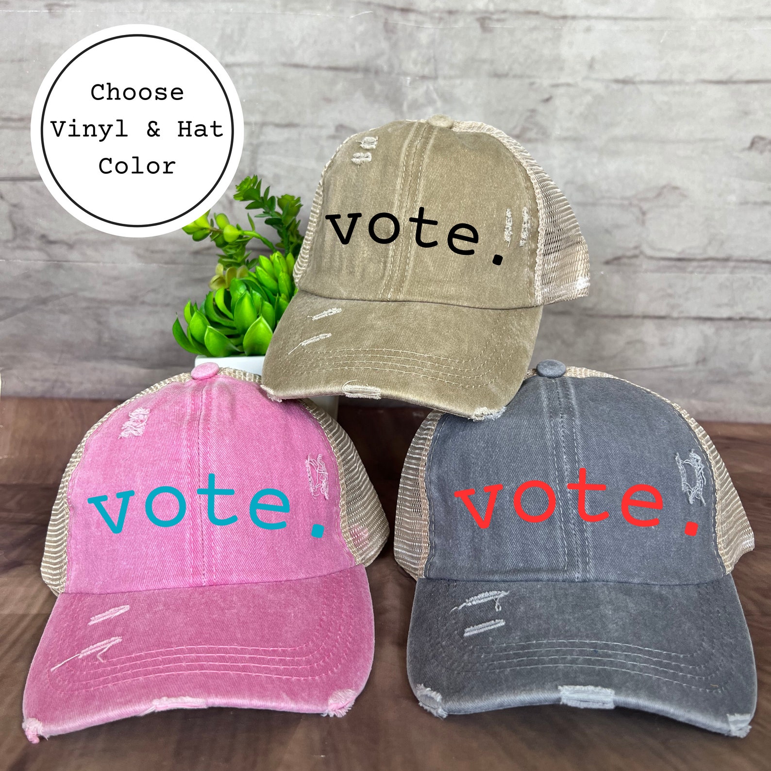 VOTE Distressed Vintage Ponytail Trucker Hat, Multiple Colors Available ...