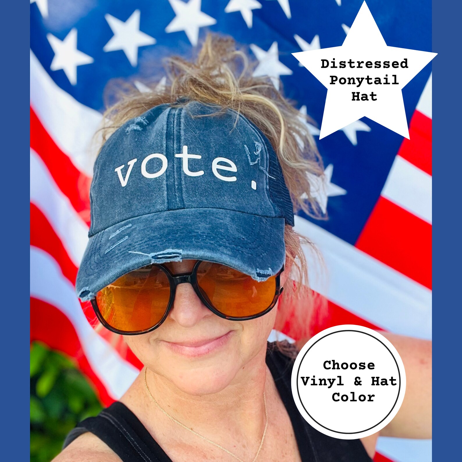 VOTE Distressed Vintage Ponytail Trucker Hat, Multiple Colors Available ...