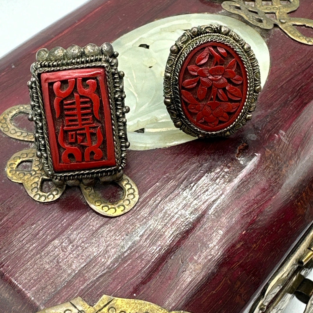 Antique CINNABAR CHINESE Ring on Copper Set of 2 Rings #392 - Etsy