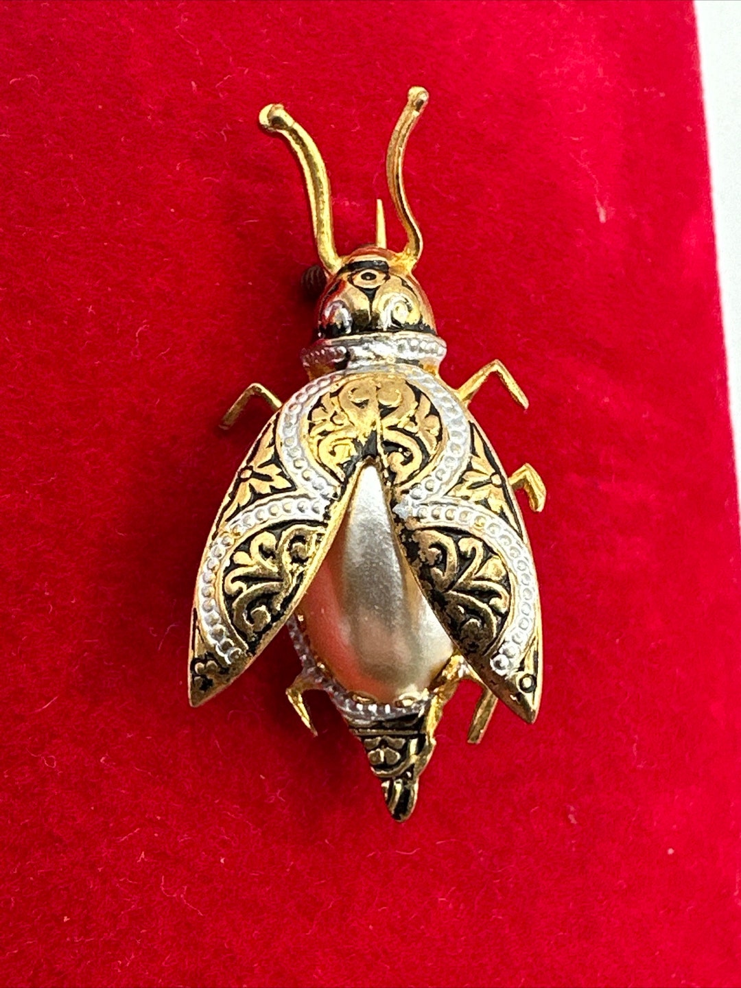Spain Scarab Beetle Brooch Pin Damascene Wings Red Body Costume Jewelry ...