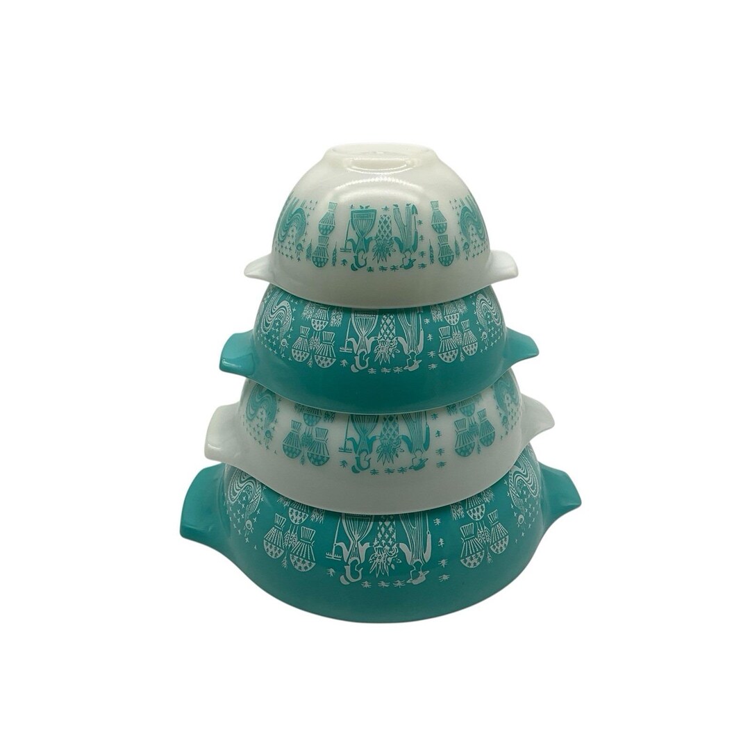 Pyrex VTG Amish Turquoise Butterprint Nesting Mixing Cinderella Bowls ...