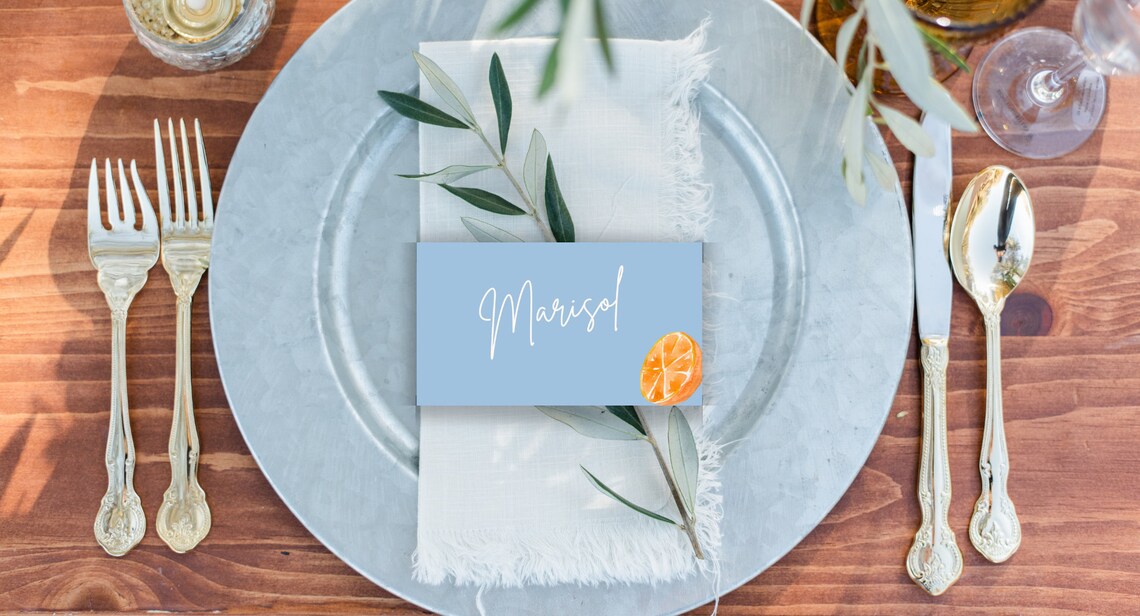 Baby Blue Orange Modern Dinner Name Card Template, Printable Dinner ...