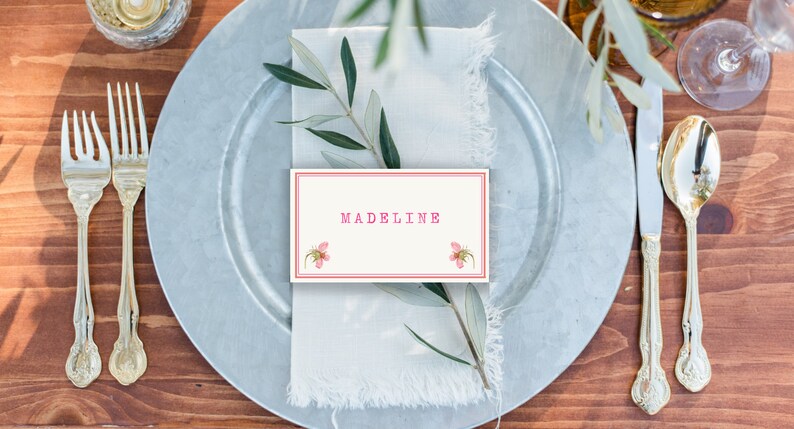 Botanical Pink Modern Dinner Name Card Template, Printable Dinner Card ...