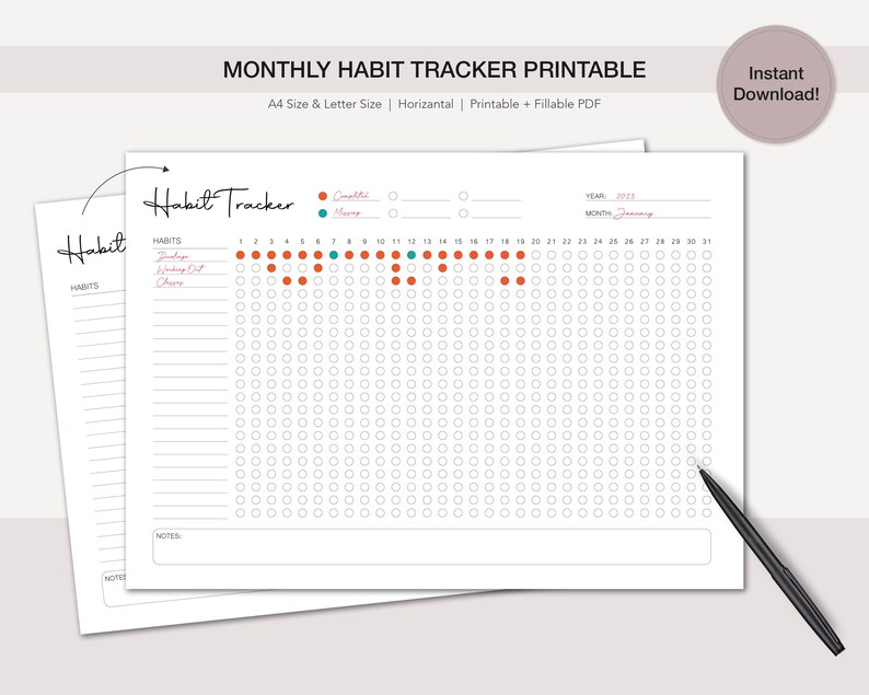 Monthly Habit Tracker Printable Portrait, Habit Tracker Template ...