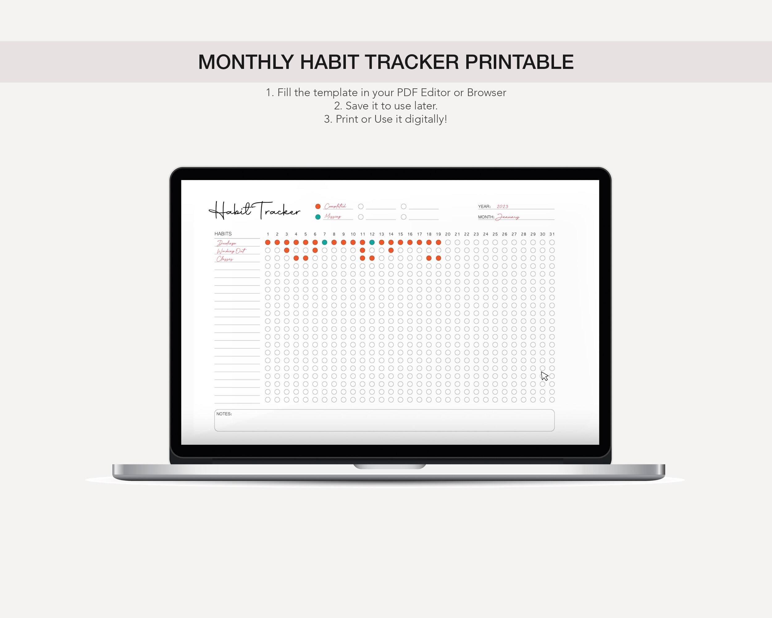 Monthly Habit Tracker Printable Portrait, Habit Tracker Template ...