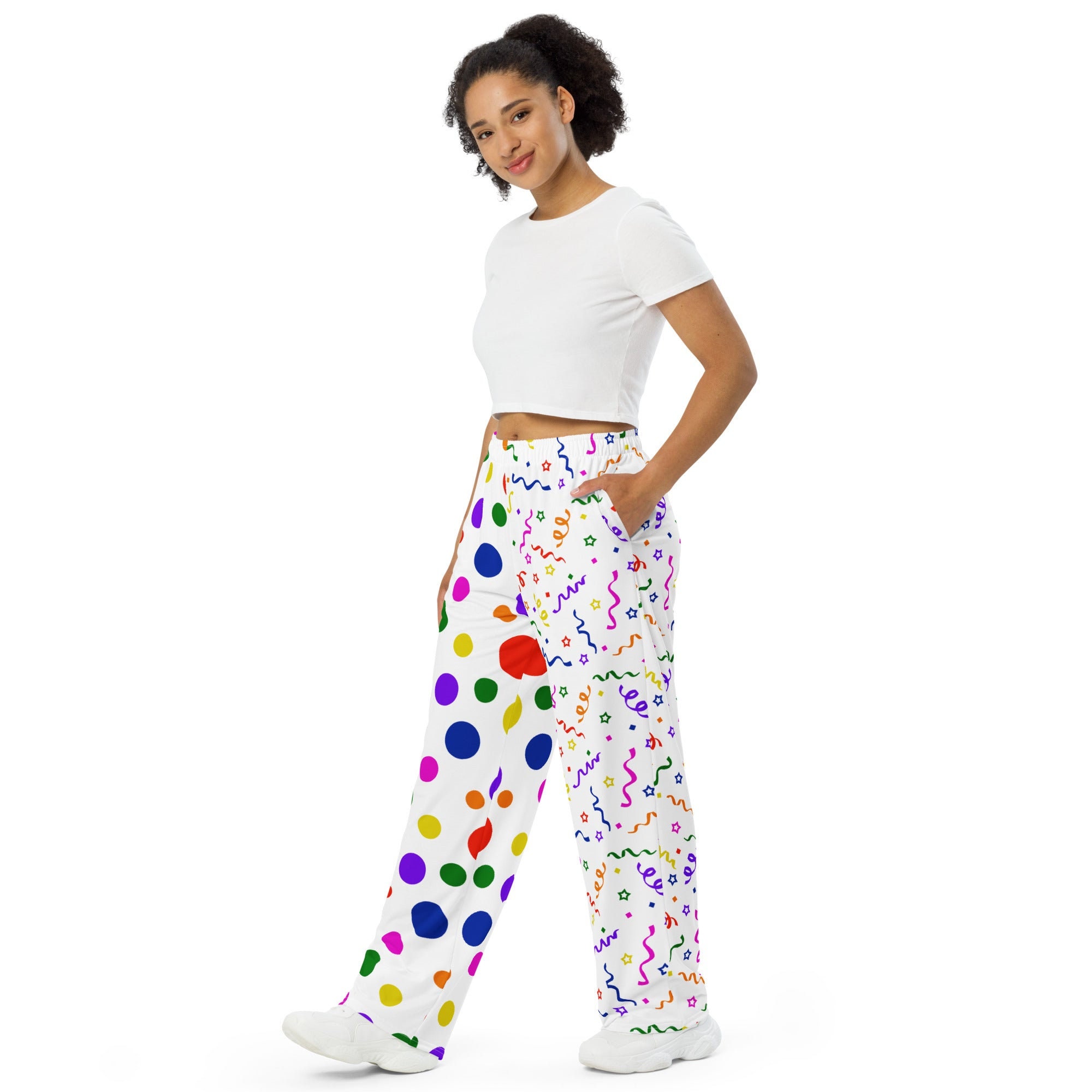 Clowncore Aesthetic Rainbow Confetti, Stars and Polka Dots Wide Leg ...