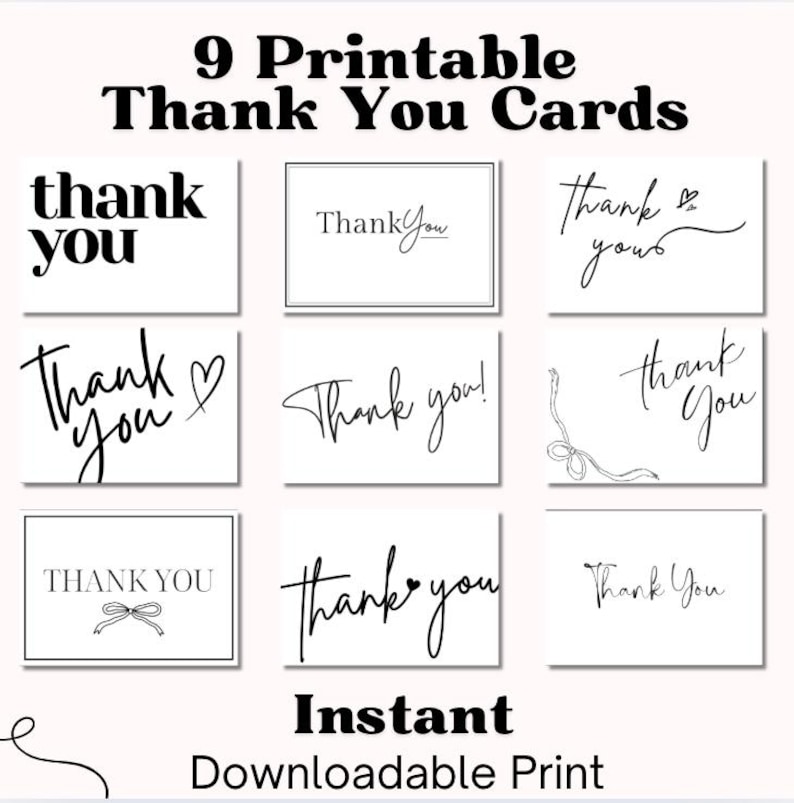 Printable Minimalist Thank You Cards, Set of 9 (instant Download) - Etsy