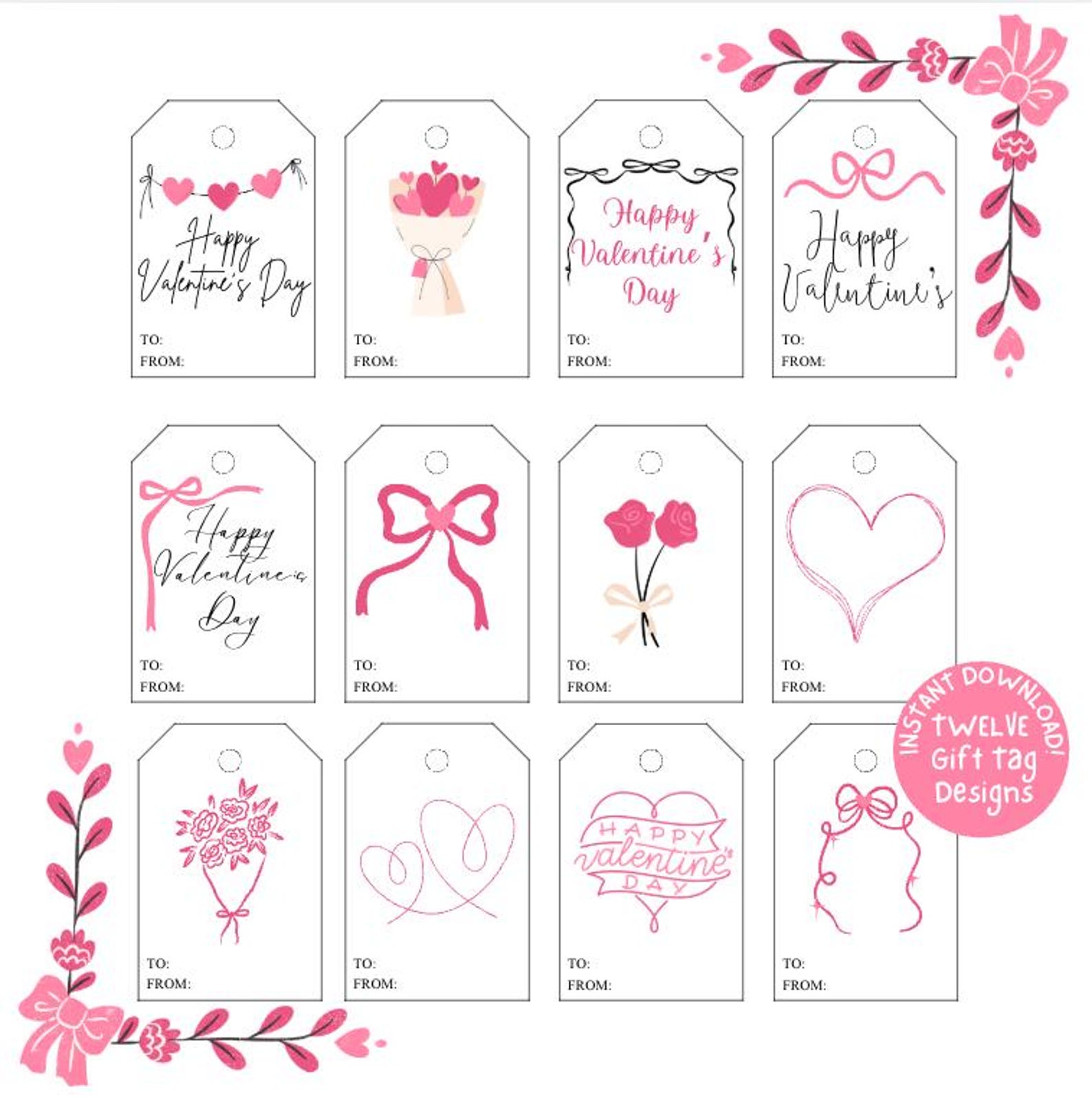 Valentine's Gift Tag Set, Pink Valentine's Designs, 12 Tags (PDF, JPG ...