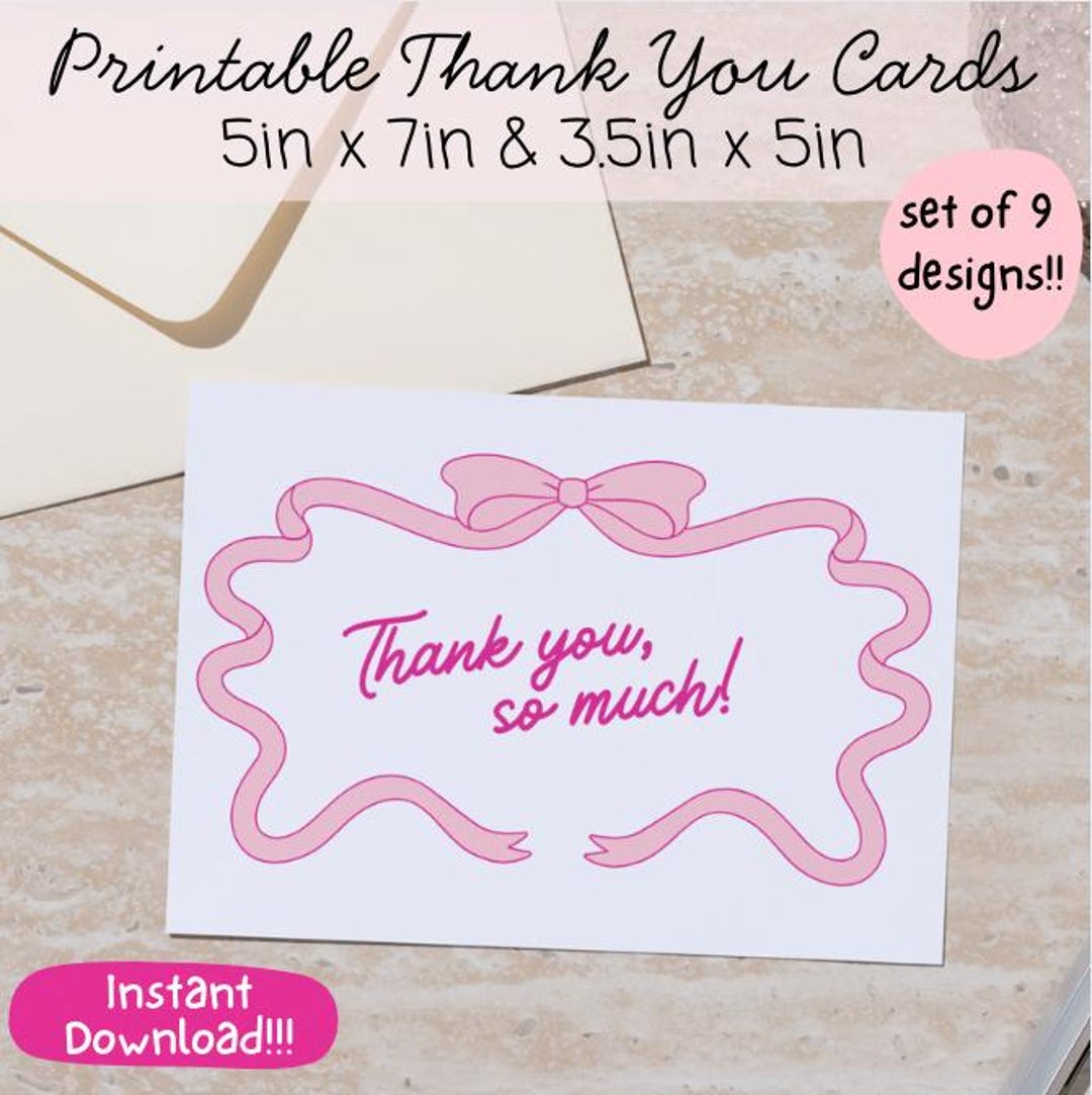 Printable Thank You Cards, Pink Printable Thank You Cards, Coquette ...