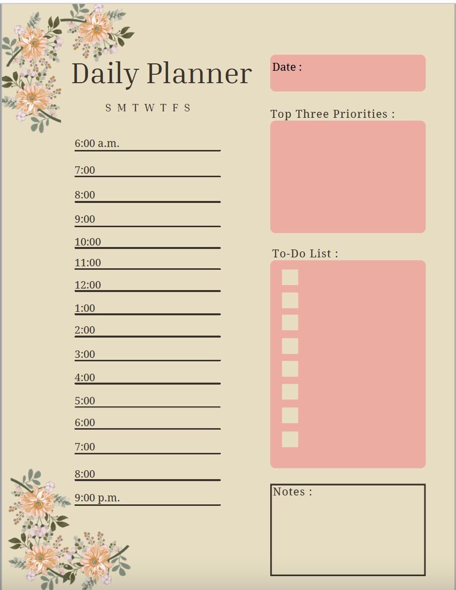 Daily Planner Template - Girly Style - Etsy