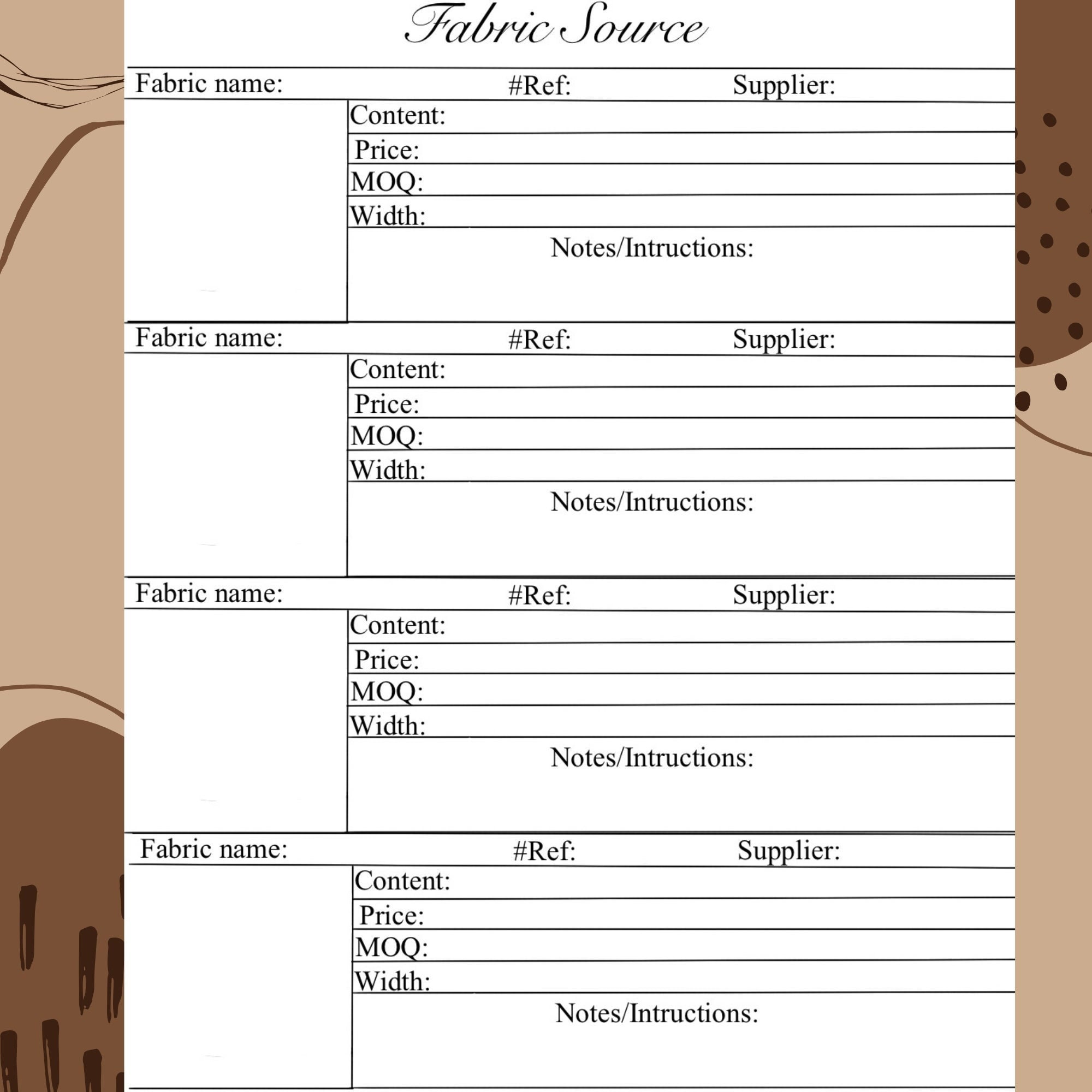 Fabric Swatch Template,printable Fabric Swatch Book Pages, Fabric Stash ...