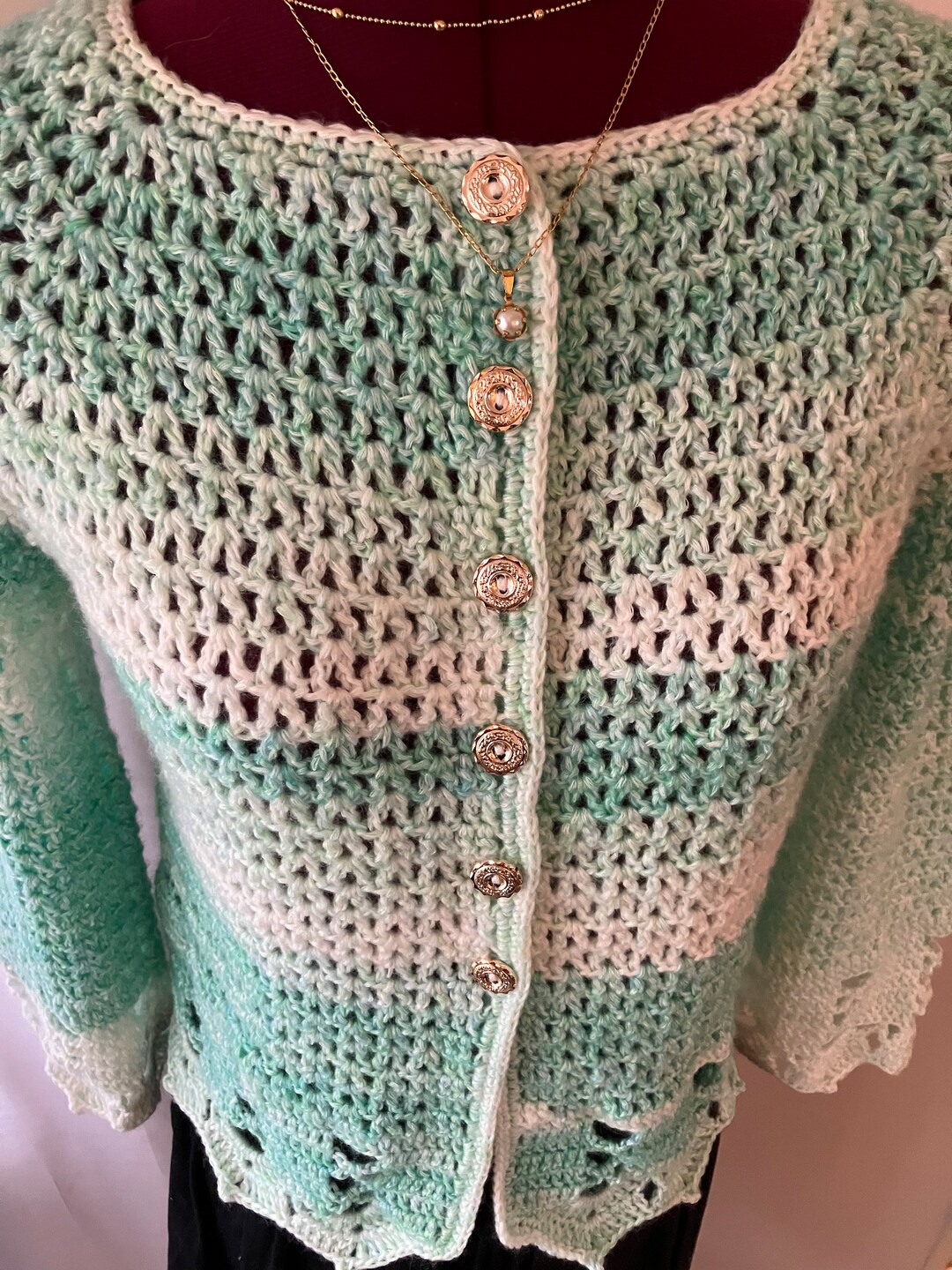 Aqua Green Cardigan, Crop Cardigan, Handmade, Crochet, Small, Shiny ...