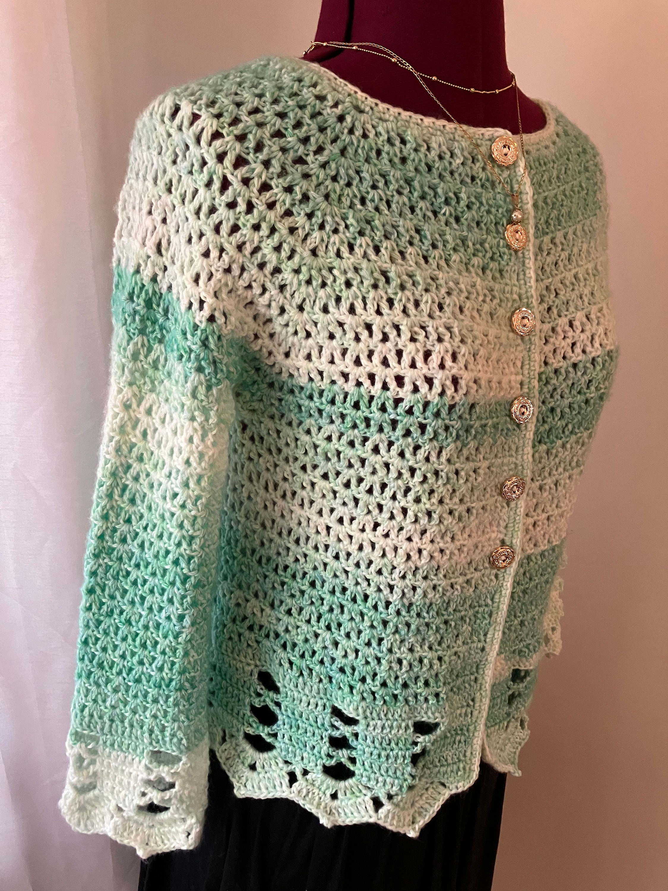 Aqua Green Cardigan, Crop Cardigan, Handmade, Crochet, Small, Shiny ...