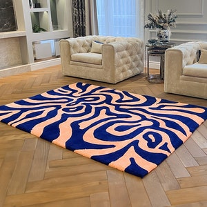 Handmade Salmon in a Wave, Blue Wave Rug, Tufting Rug and Abstract ...