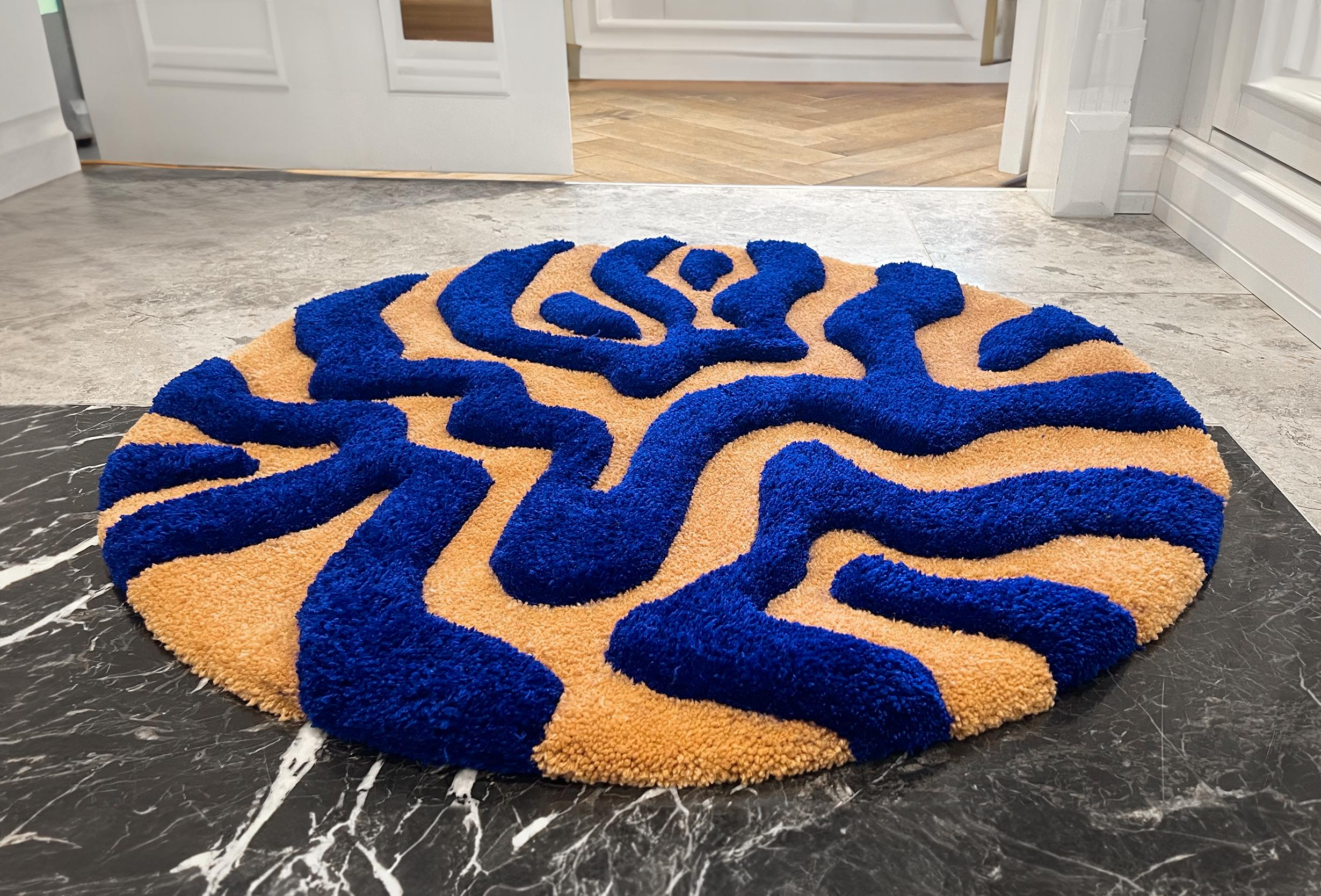 3D Salmon and Blue Waves in a Circle, Blue Wave Rug, Tufting Rug and ...