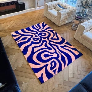 Handmade Salmon in a Wave, Blue Wave Rug, Tufting Rug and Abstract ...