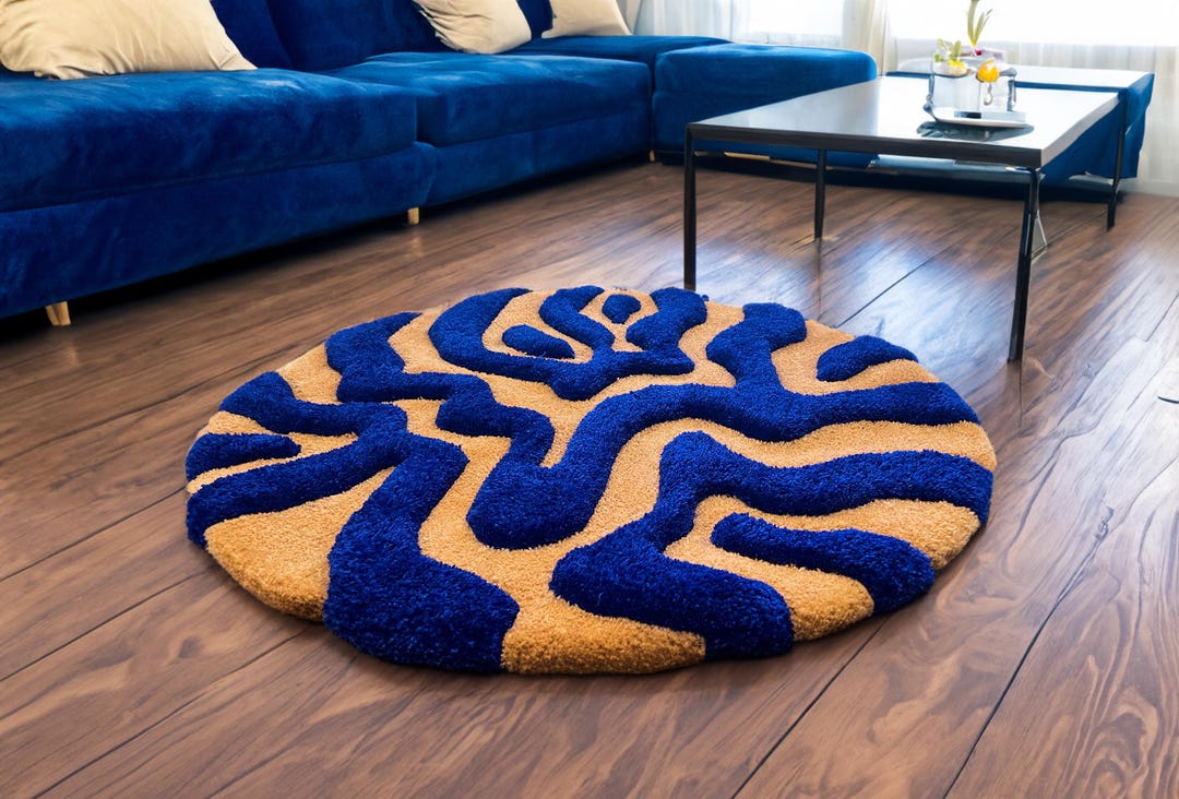 3D Salmon and Blue Waves in a Circle, Blue Wave Rug, Tufting Rug and ...