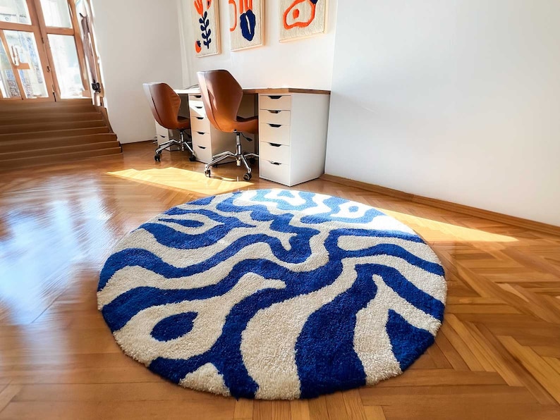 Waves in a Circle, Blue Wave Rug, Tufting Rug and Abstract Shapes ...