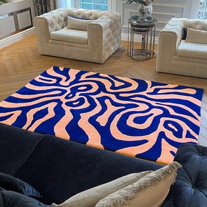 Handmade Salmon in a Wave, Blue Wave Rug, Tufting Rug and Abstract ...