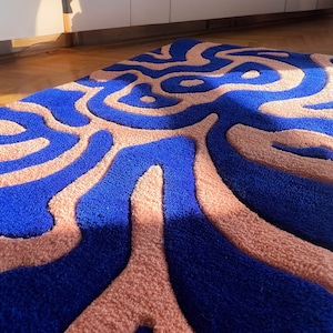 Handmade Salmon in a Wave, Blue Wave Rug, Tufting Rug and Abstract ...