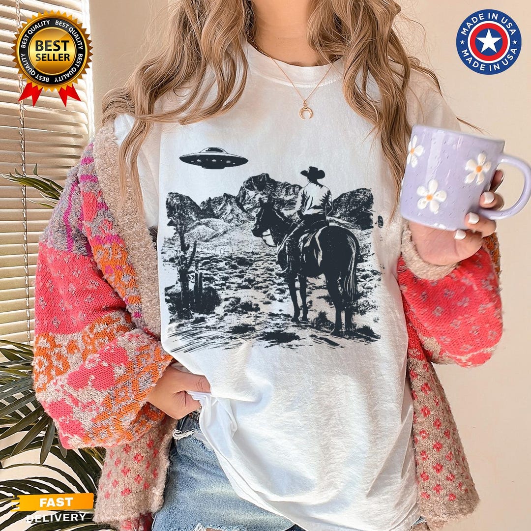 Western Cowboy UFO Tshirt, Vintage Cowboy Alien T-shirt, Vintage 90s ...