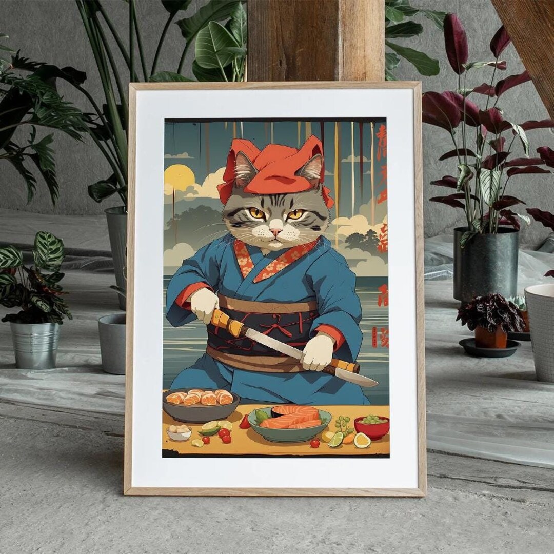 Vintage Cat Chef Sushi Restaurant Painting Posters, Kawaii Prints Decor ...