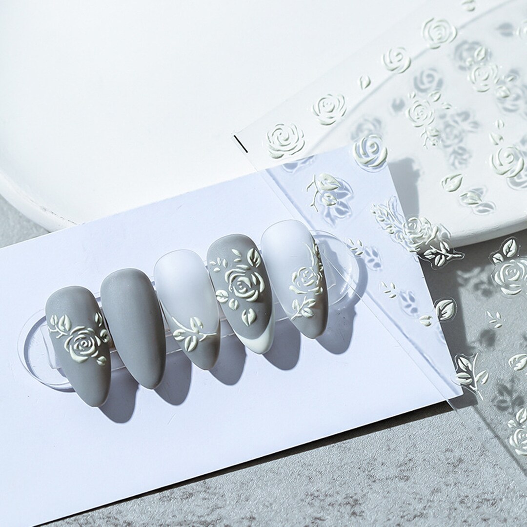 Nail Art Decals|embossed Nail Sticker White Rose | Nail Diy - 5D Self ...