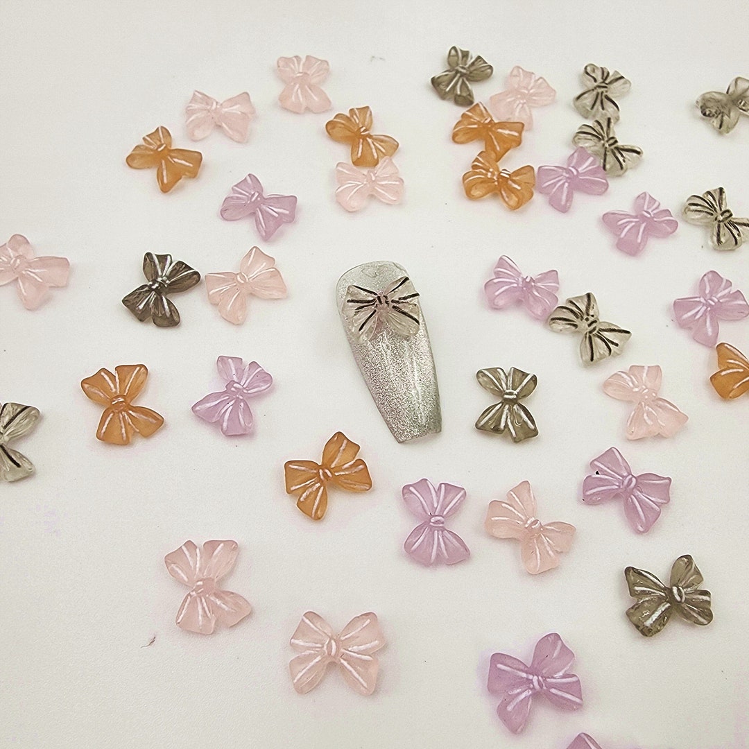 20 Pcs 5 Color Nair Art| Nail Charms| Resin Bow With Hand Drawn Lines ...