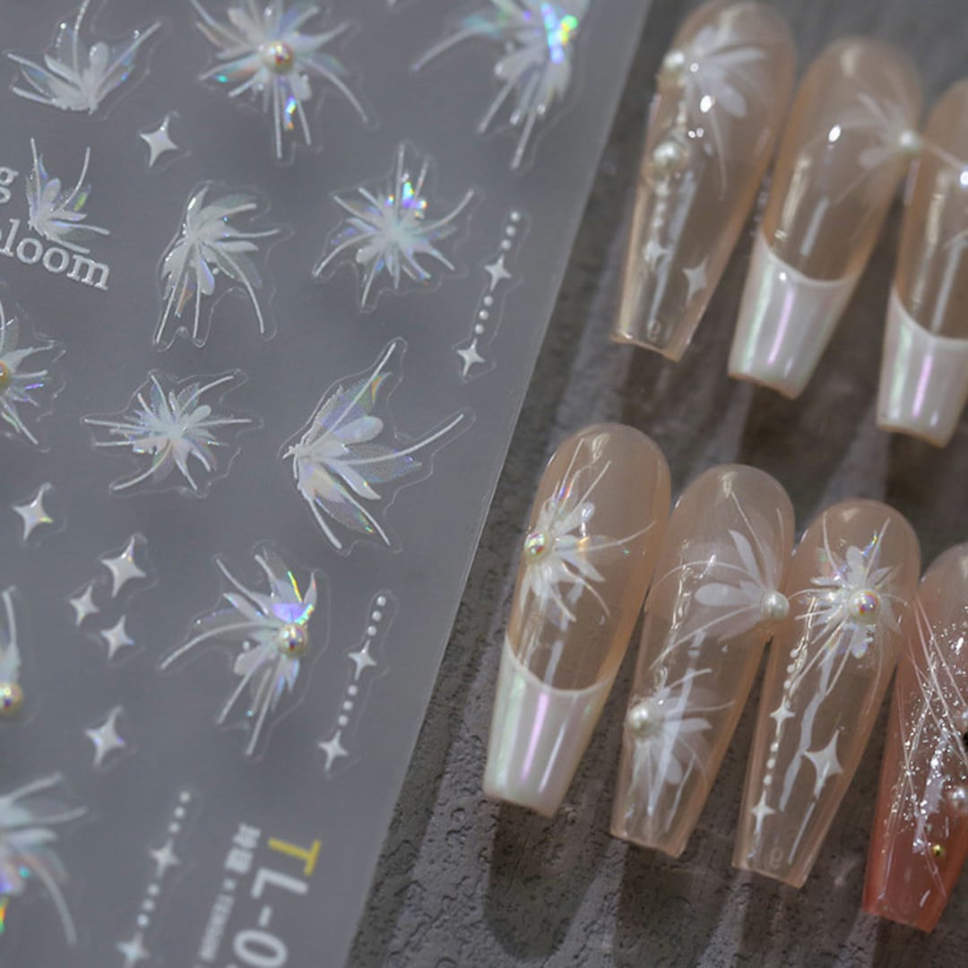 Nail Art Decals|embossed Nail Sticker White Flowers Pearl | Nail Diy ...