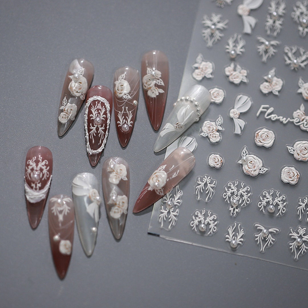 Nail Art Decals|embossed Nail Sticker White Rose Wiht Pearl | Nail Diy ...