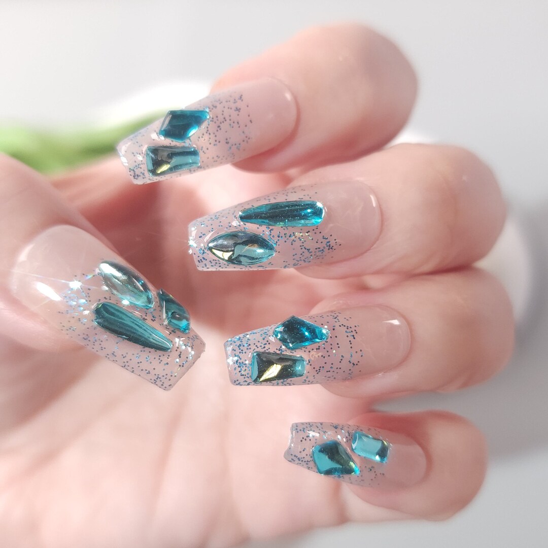 Press on Nails, Custom Blue Laser Stones and Blue Glitter False Nails ...